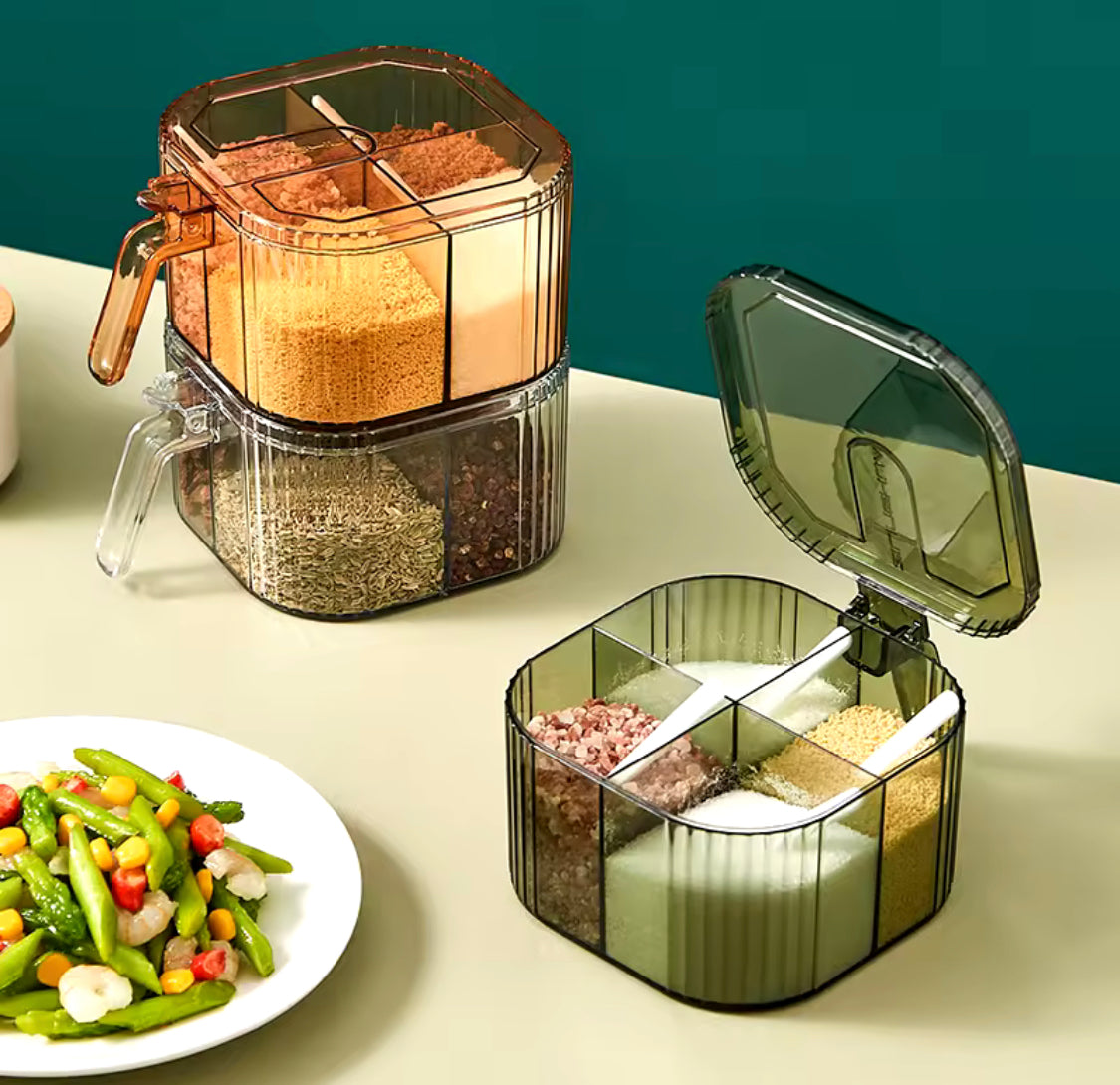 Four Compartment Seasoning Spice Box, Transparent Flip Cover Spice Box ...