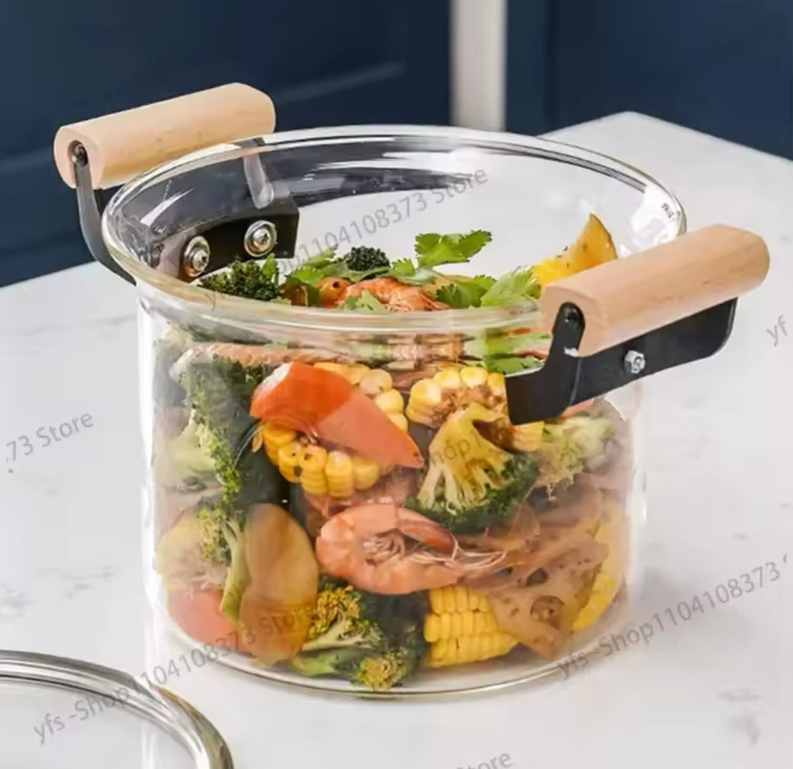 Transparent Cooking Pot With Wooden Handle, Heat Resistant Glass Pot ...